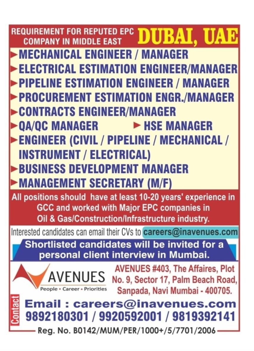 Career Opportunities in Dubai,UAE with a Leading EPC Company